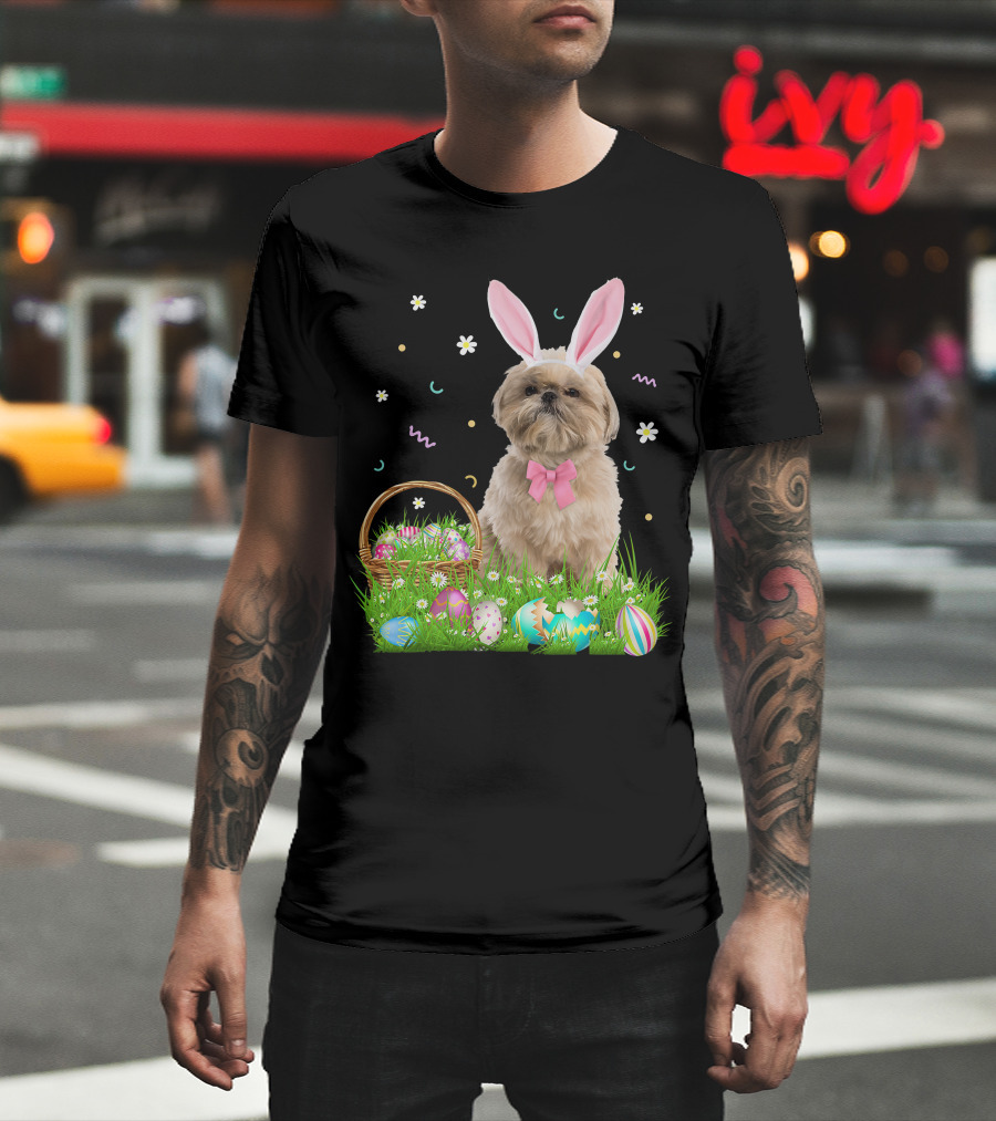 Shih Tzu Easter Day Bunny Ears And Colorful Eggs Easter98 T-Shirt