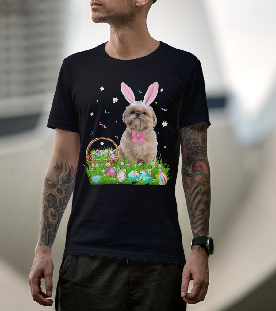 Shih Tzu Easter Day Bunny Ears And Colorful Eggs Easter98 T-Shirt