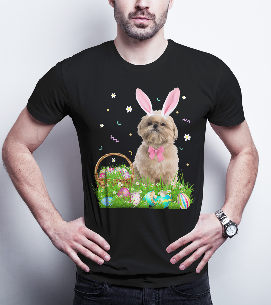 Shih Tzu Easter Day Bunny Ears And Colorful Eggs Easter98 T-Shirt