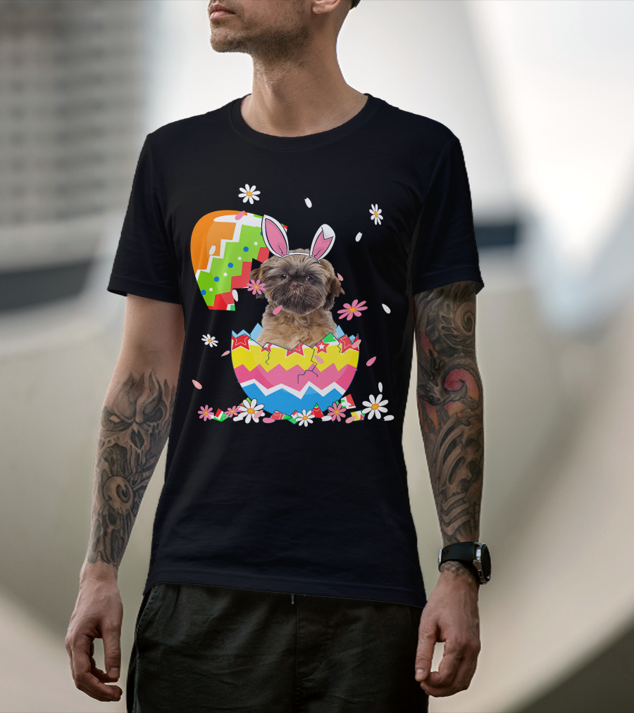 Cute Shih Tzu Easter Day Dog Dad Dog Mom With Bunny Ears And Colorful Egg T-Shirt