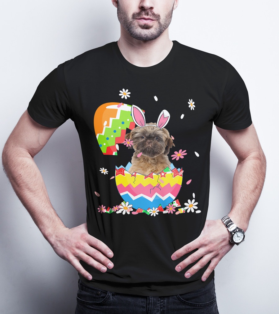 Cute Shih Tzu Easter Day Dog Dad Dog Mom With Bunny Ears And Colorful Egg T-Shirt