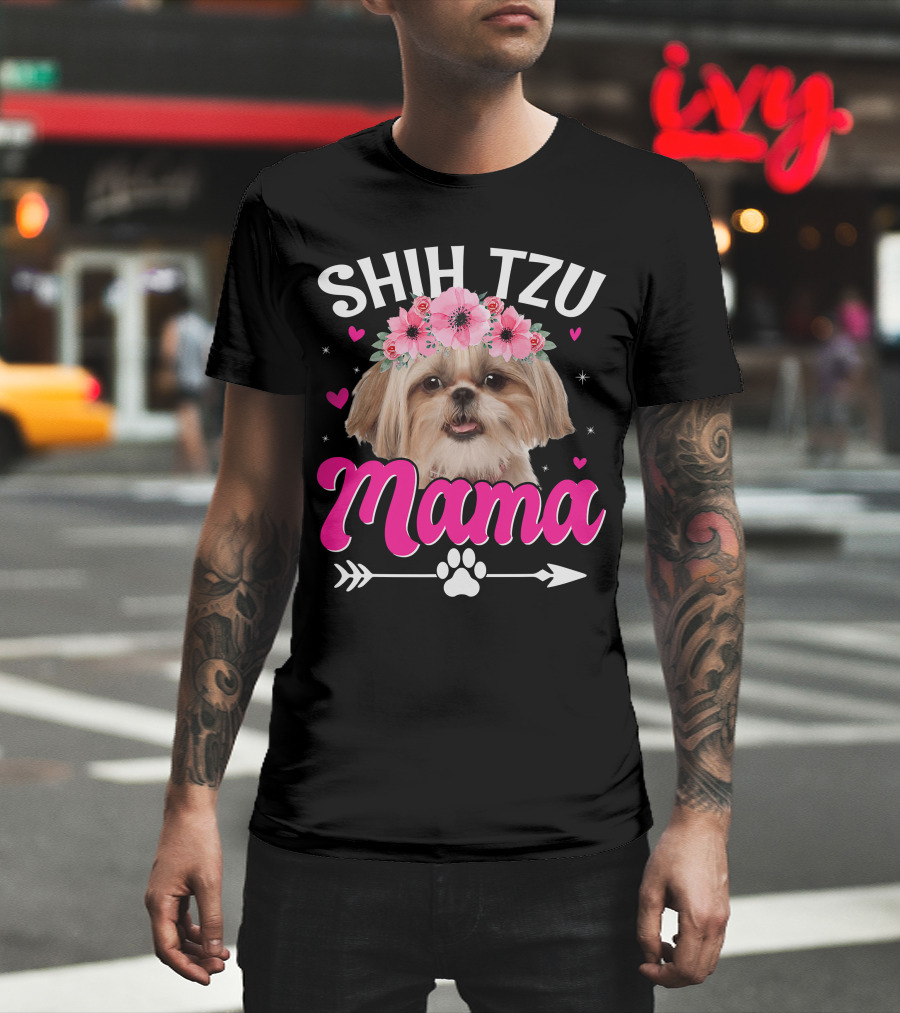 Shih Tzu Mama With Flower Crown Hearts T-Shirt
