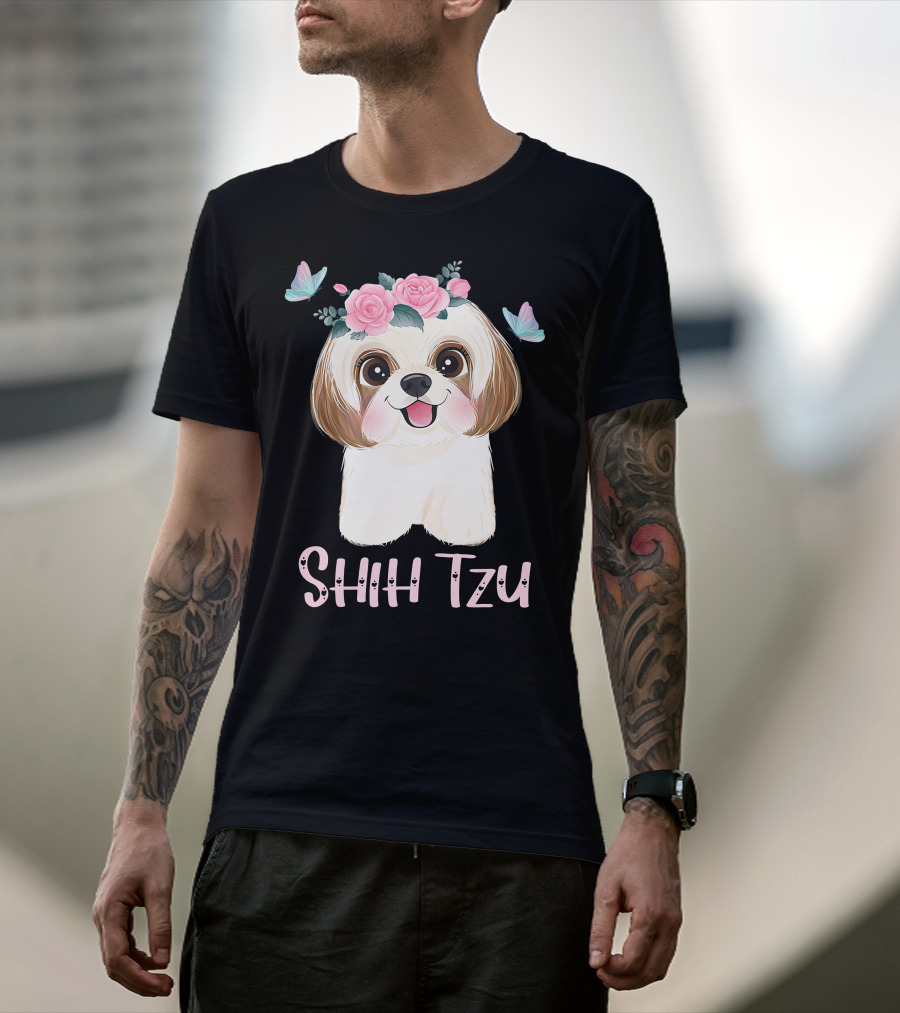 Cute Shih Tzu Mom Dad Mens Dog Lover Ladies Shih Tzu Roses Butterflies T-Shirt