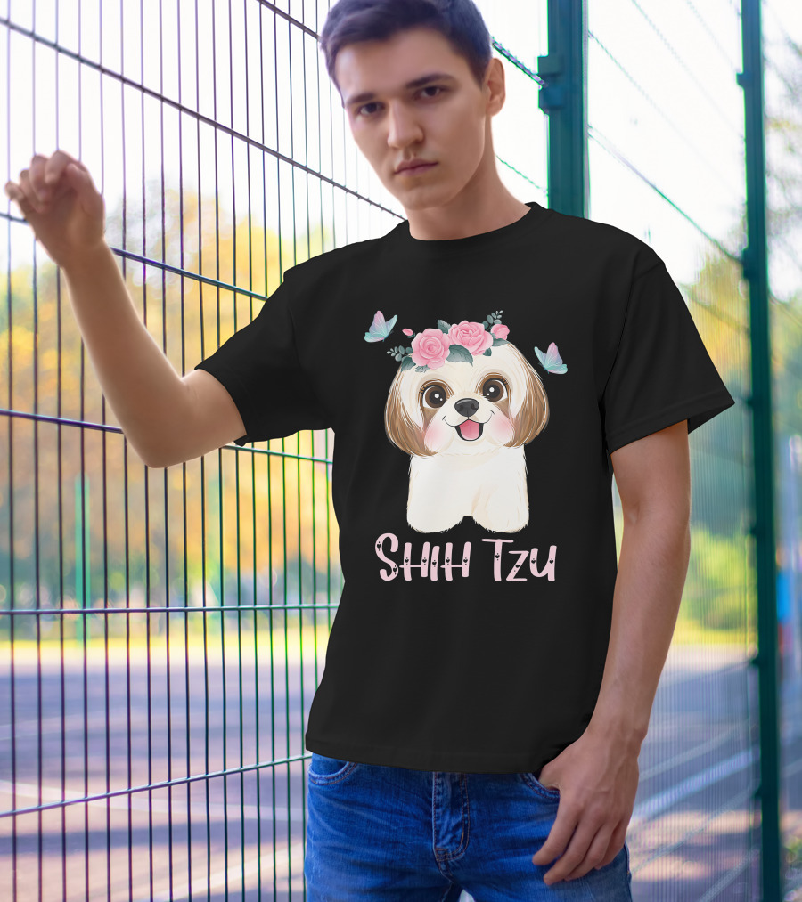 Cute Shih Tzu Mom Dad Mens Dog Lover Ladies Shih Tzu Roses Butterflies T-Shirt
