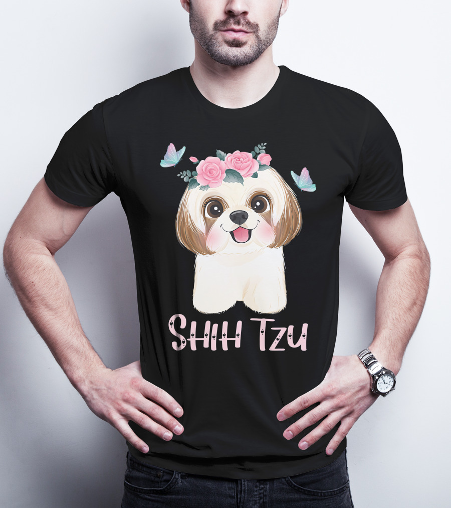 Cute Shih Tzu Mom Dad Mens Dog Lover Ladies Shih Tzu Roses Butterflies T-Shirt