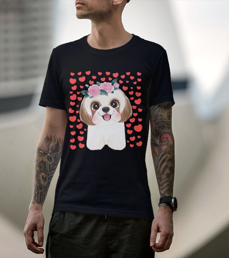 Cute Shih Tzu Valentine's Day Red Hearts Dog Flowers T-Shirt