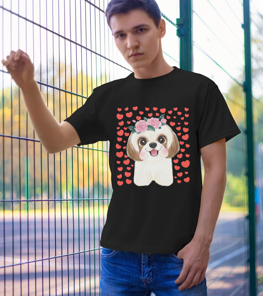 Cute Shih Tzu Valentine's Day Red Hearts Dog Flowers T-Shirt