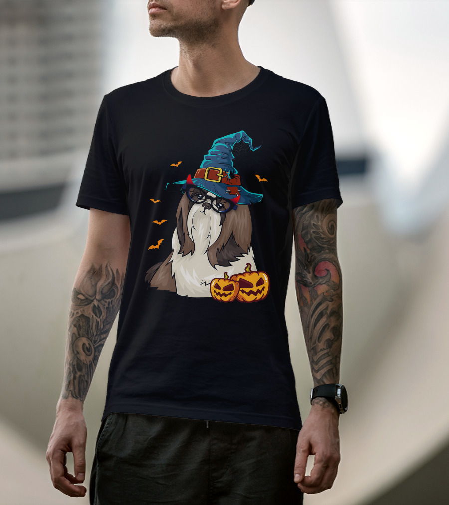 Cute Shih Tzu Glasses Witch Hat Halloween Pumpkins Bats T-Shirt