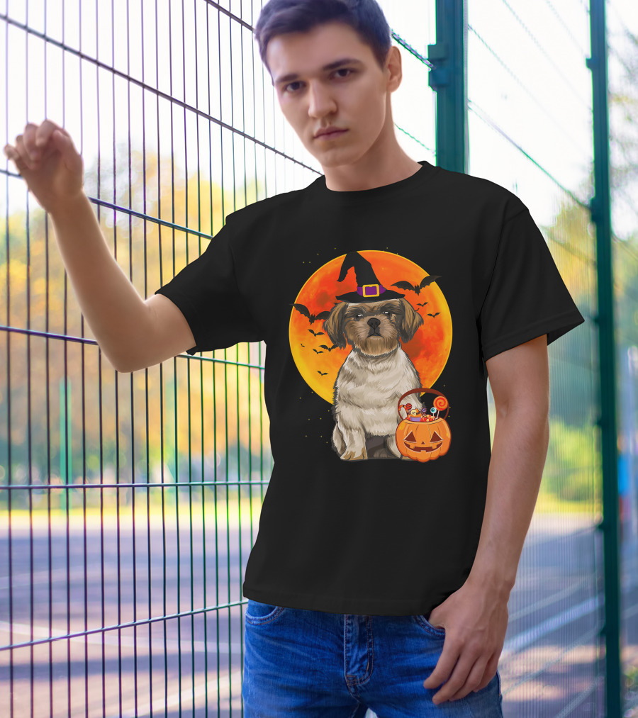 Shih Tzu Dog Halloween Jack O Lantern Pumpkin With Bats And Witch Hat T-Shirt