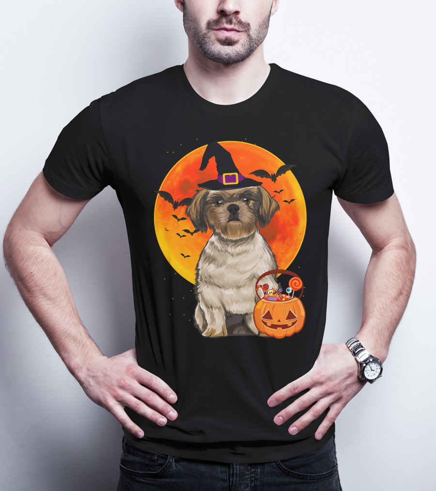 Shih Tzu Dog Halloween Jack O Lantern Pumpkin With Bats And Witch Hat T-Shirt