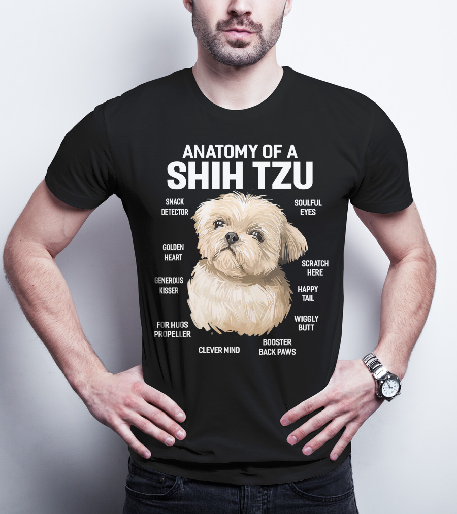 Anatomy Of A Shih Tzu Dog 365 Fluff Button Snowball Feature Cuddle Zone Pillow Tail Black Button Sniffer Ears Pom Pom Paws Wookie Chewbacca Eyes T-Shirt