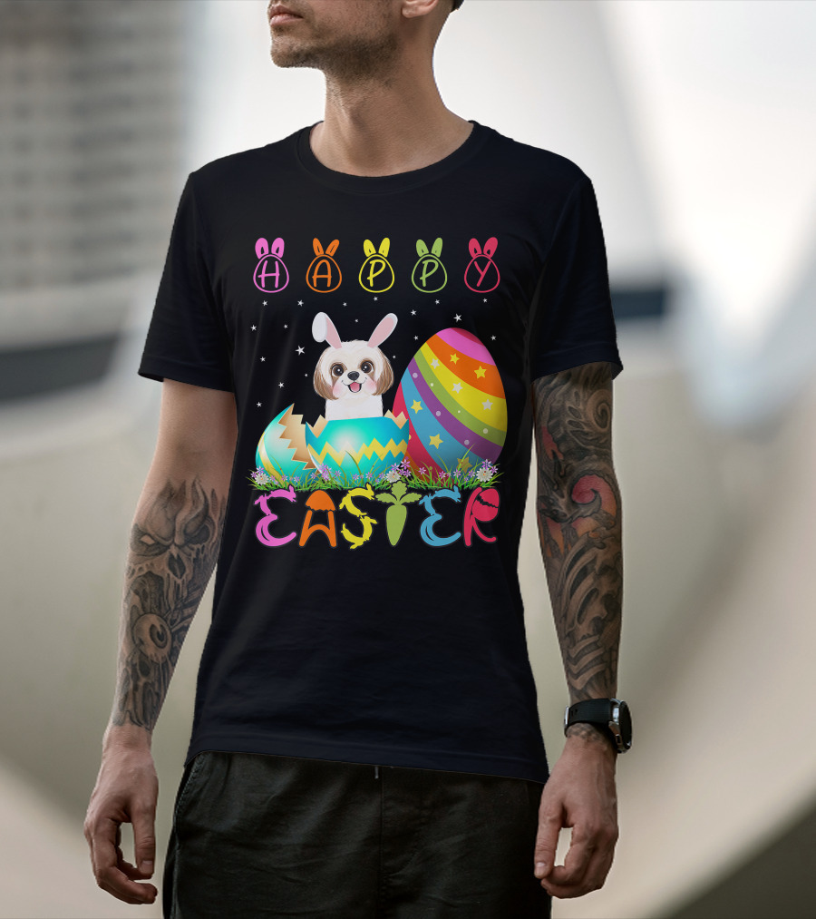 Happy Easter Day Shih Tzu Dog In Colorful Egg Matching T-Shirt