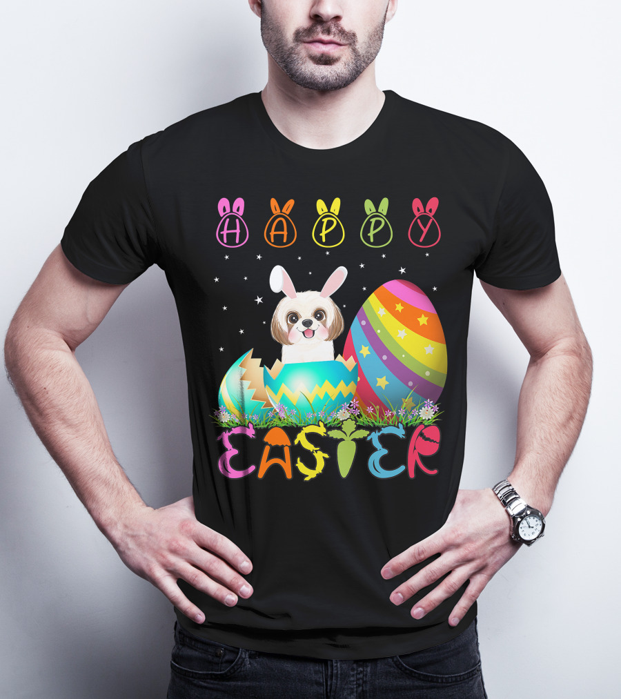 Happy Easter Day Shih Tzu Dog In Colorful Egg Matching T-Shirt