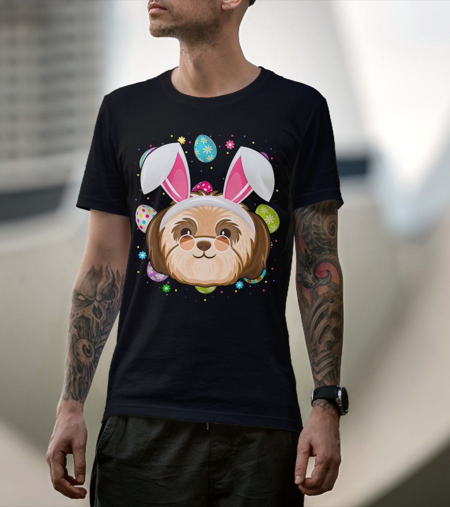Easter Egg Lover Bunny Ear Shih Tzu Dog Face Easter T-Shirt