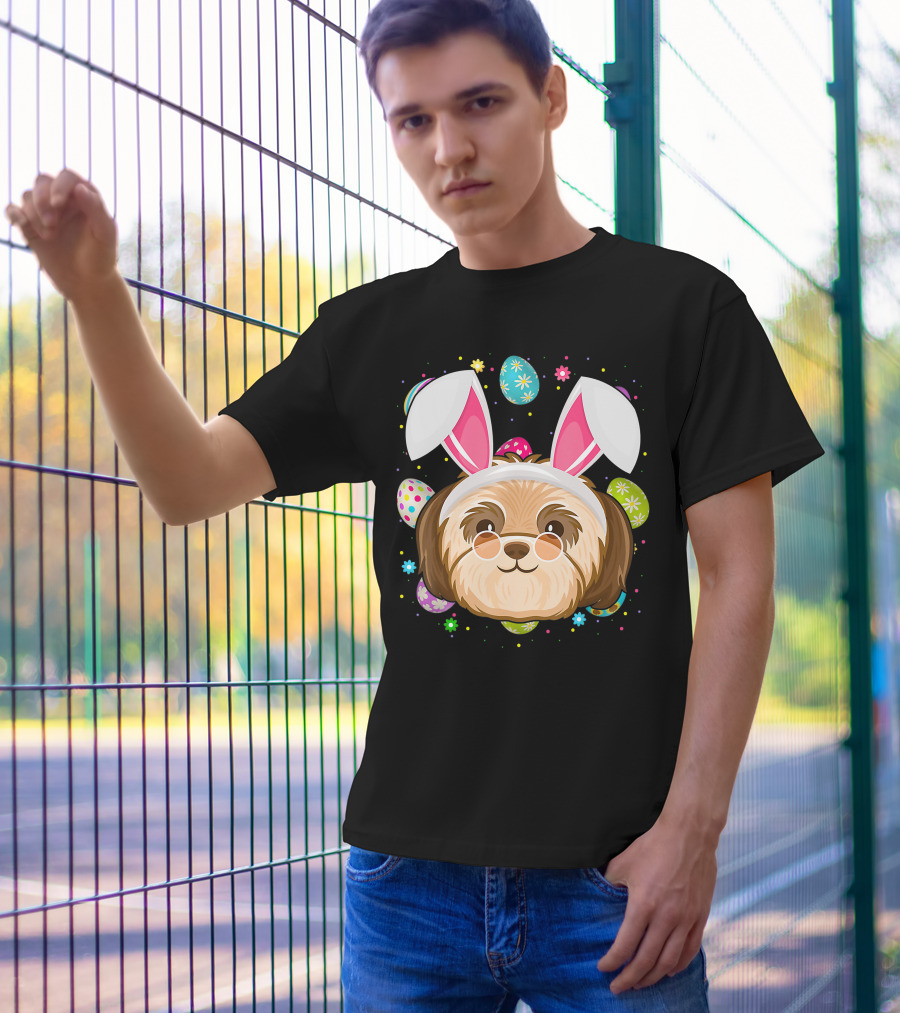 Easter Egg Lover Bunny Ear Shih Tzu Dog Face Easter T-Shirt