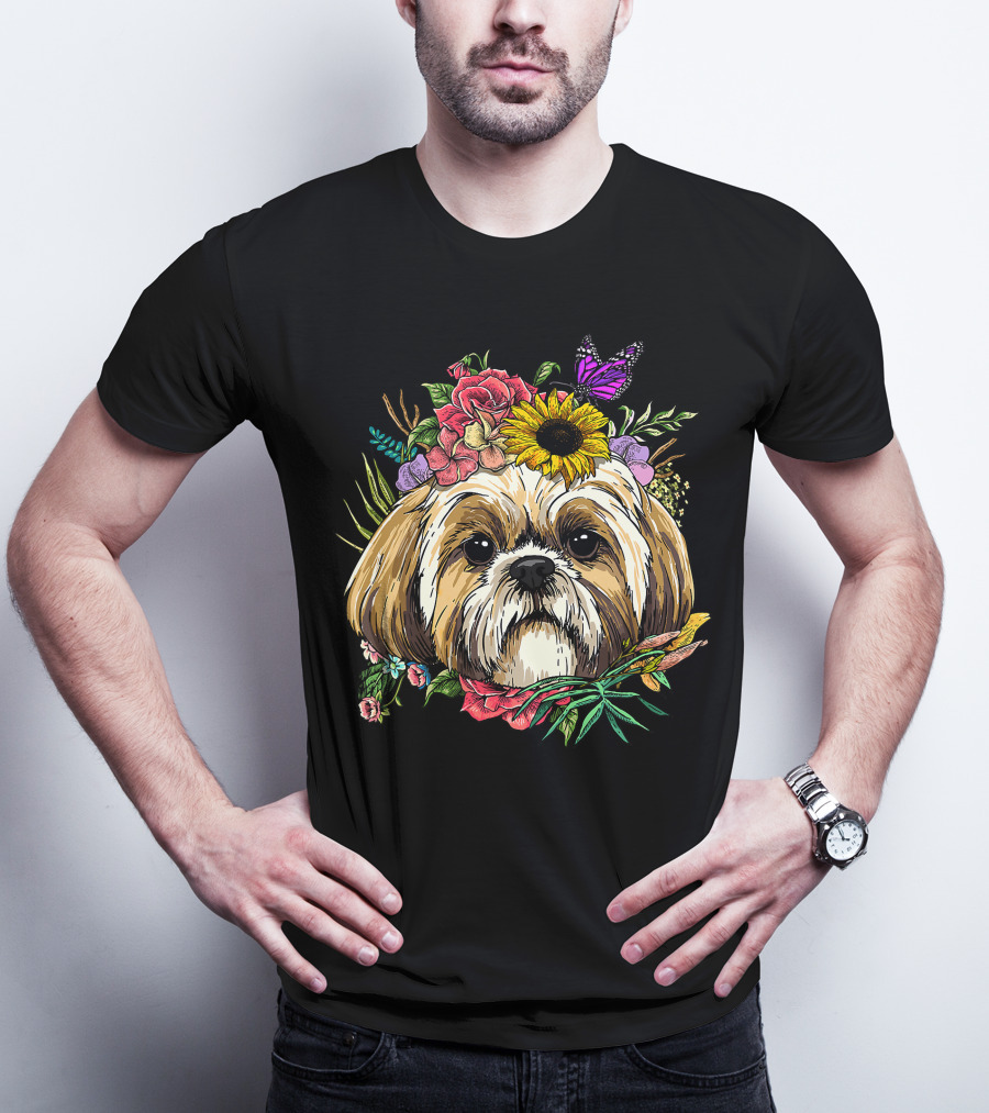 Floral Shih Tzu Dog With Butterfly And Spring Flowers For Nature And Shih Tzu Lovers T-Shirt