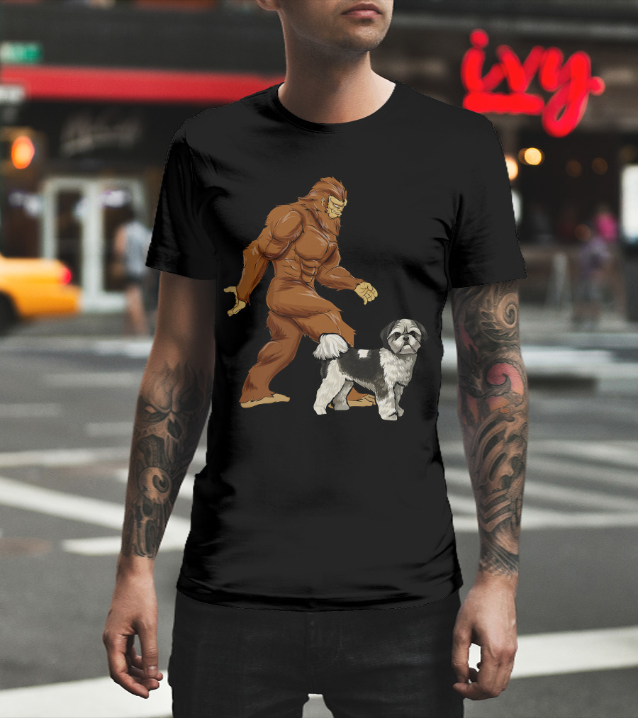 Funny Bigfoot Walking Shih Tzu Sasquatch Dog Comic T-Shirt