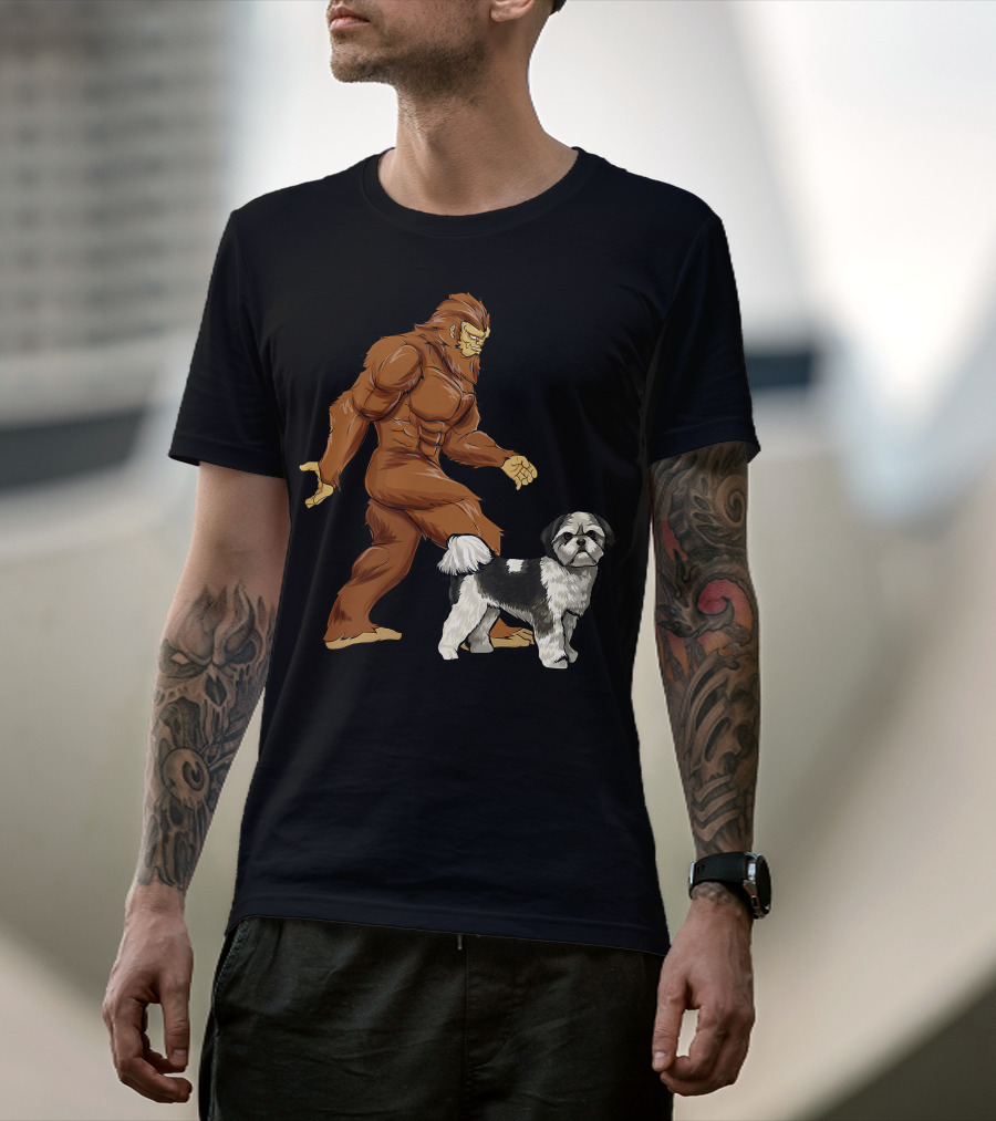 Funny Bigfoot Walking Shih Tzu Sasquatch Dog Comic T-Shirt
