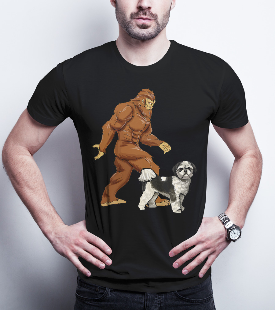Funny Bigfoot Walking Shih Tzu Sasquatch Dog Comic T-Shirt