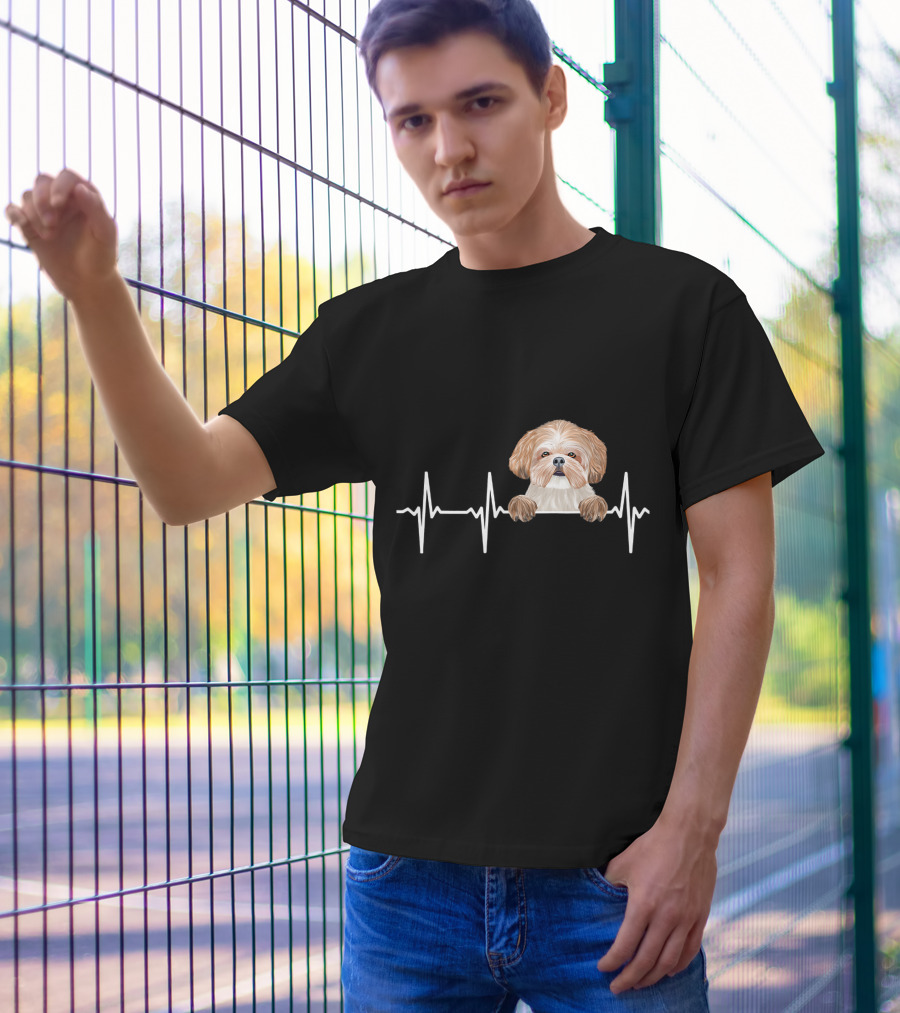Heartbeat Line With Cute Shih Tzu Illustration For Funny Dog Lovers T-Shirt