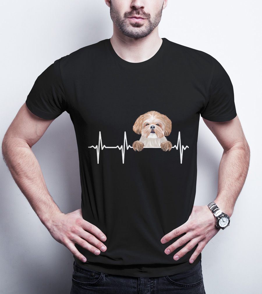 Heartbeat Line With Cute Shih Tzu Illustration For Funny Dog Lovers T-Shirt
