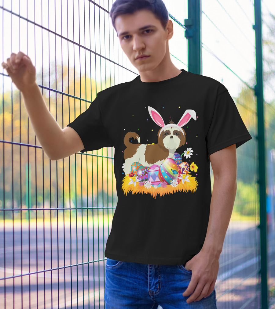 Shih Tzu Bunny Ears With Colorful Easter Eggs And Flowers For Easter Sunday T-Shirt