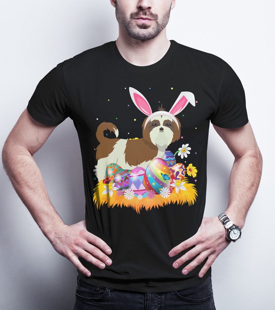 Shih Tzu Bunny Ears With Colorful Easter Eggs And Flowers For Easter Sunday T-Shirt