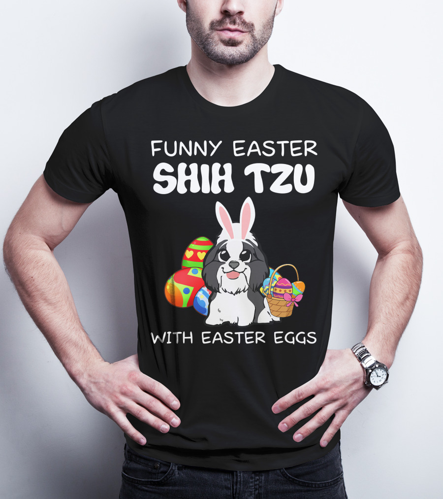 Funny Easter Shih Tzu With Easter Eggs Basket And Bunny Ears T-Shirt