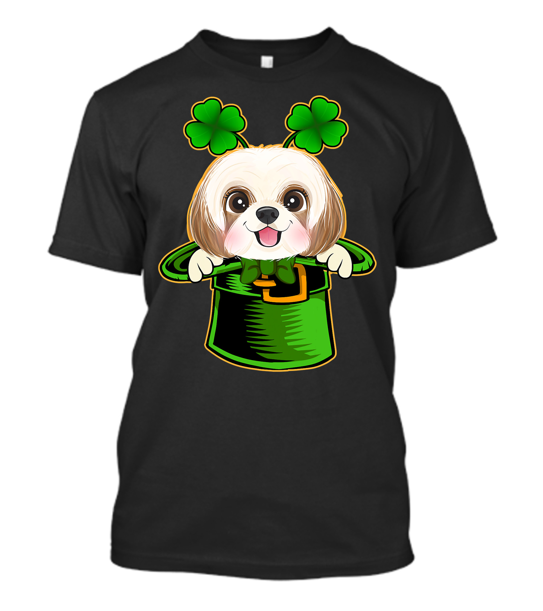 Leprechaun Hat Shih Tzu Dog With Green Clover Antennae T-Shirt