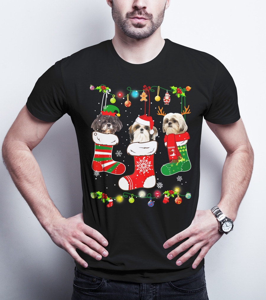 Shih Tzu Dogs In Christmas Stockings With Santa Hats And Christmas Lights T-Shirt