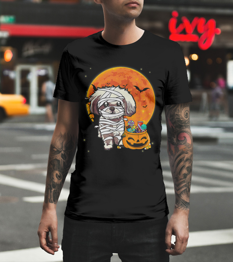 Shih Tzu Mummy Halloween Costume With Pumpkin Candy Bucket And Full Moon T-Shirt