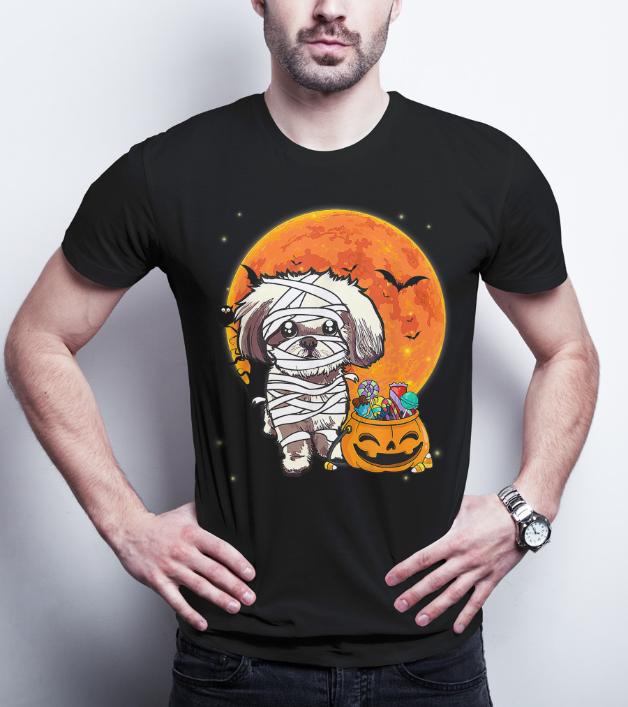 Shih Tzu Mummy Halloween Costume With Pumpkin Candy Bucket And Full Moon T-Shirt