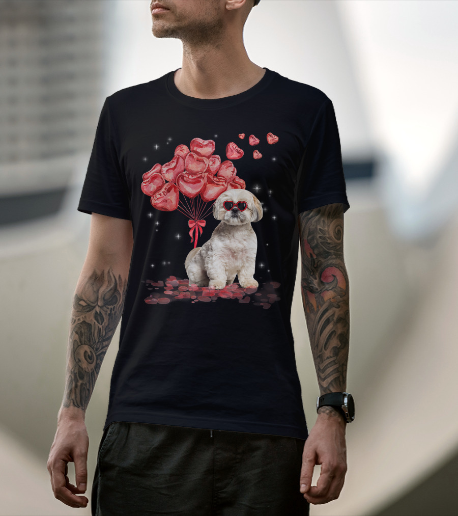 Shih Tzu Heart Balloons Funny Valentines Day Dog Dad Mom T-Shirt
