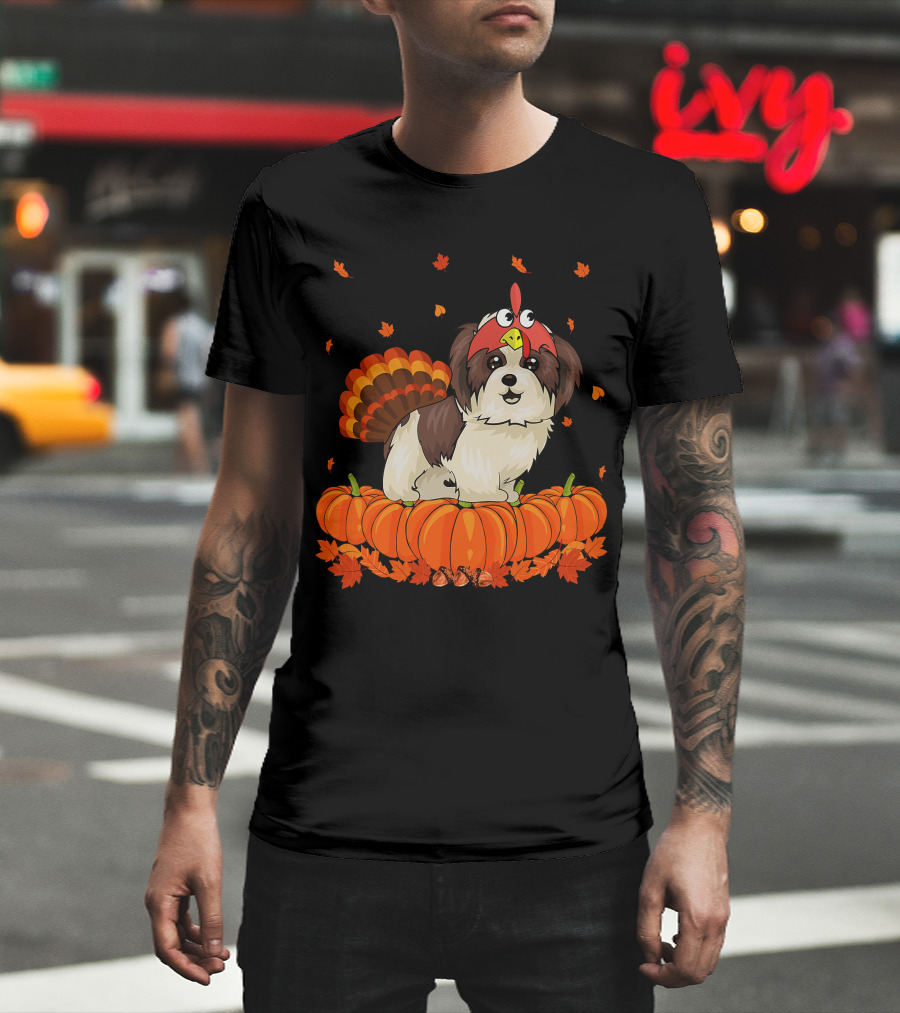 Shih Tzu Dressed As Turkey With Pumpkins And Autumn Leaves Thanksgiving Fun T-Shirt