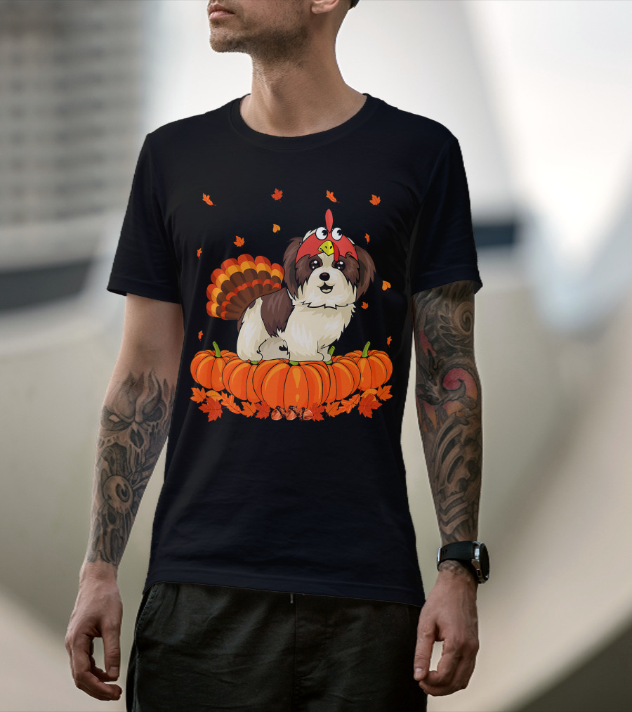 Shih Tzu Dressed As Turkey With Pumpkins And Autumn Leaves Thanksgiving Fun T-Shirt
