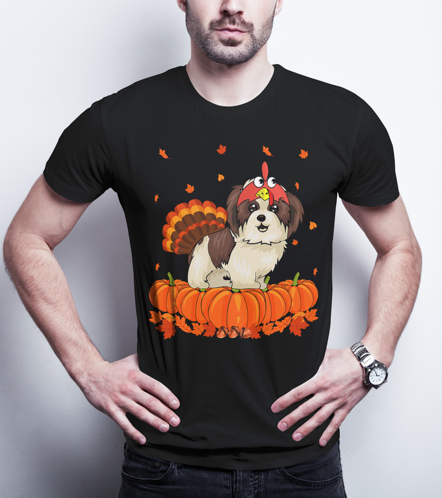 Shih Tzu Dressed As Turkey With Pumpkins And Autumn Leaves Thanksgiving Fun T-Shirt