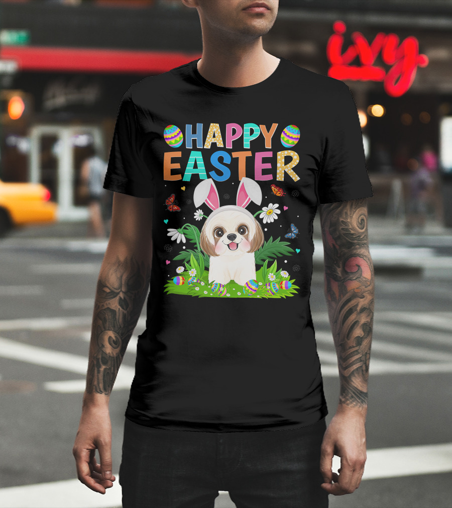 Happy Easter Bunny Shih Tzu Dog With Easter Eggs And Butterflies T-Shirt