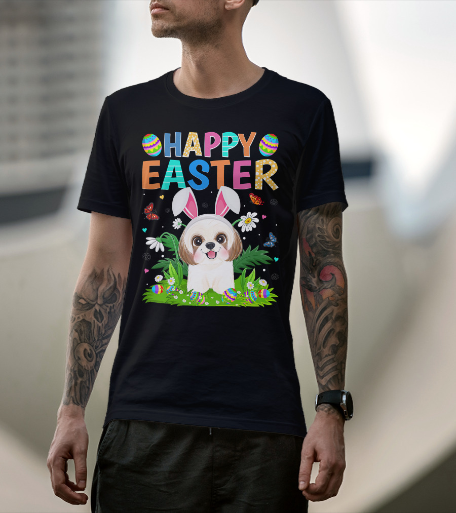 Happy Easter Bunny Shih Tzu Dog With Easter Eggs And Butterflies T-Shirt