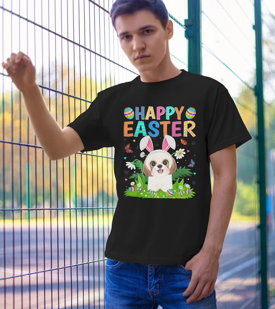 Happy Easter Bunny Shih Tzu Dog With Easter Eggs And Butterflies T-Shirt