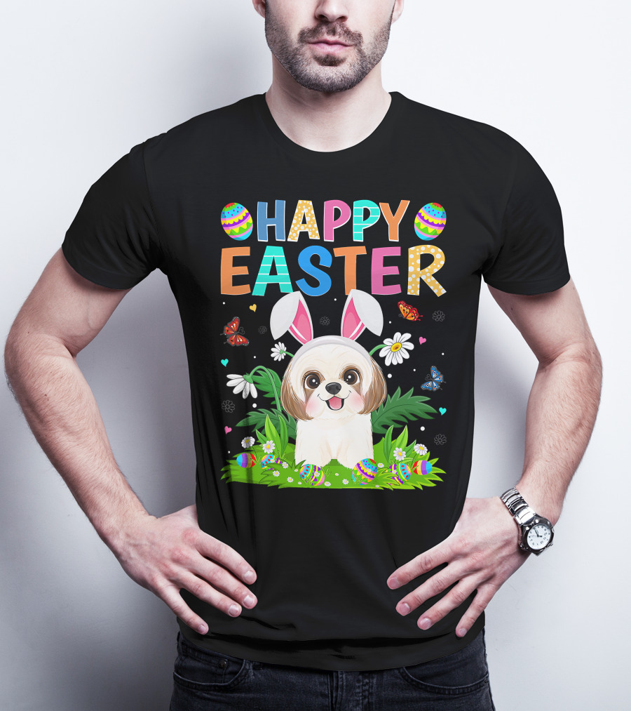 Happy Easter Bunny Shih Tzu Dog With Easter Eggs And Butterflies T-Shirt