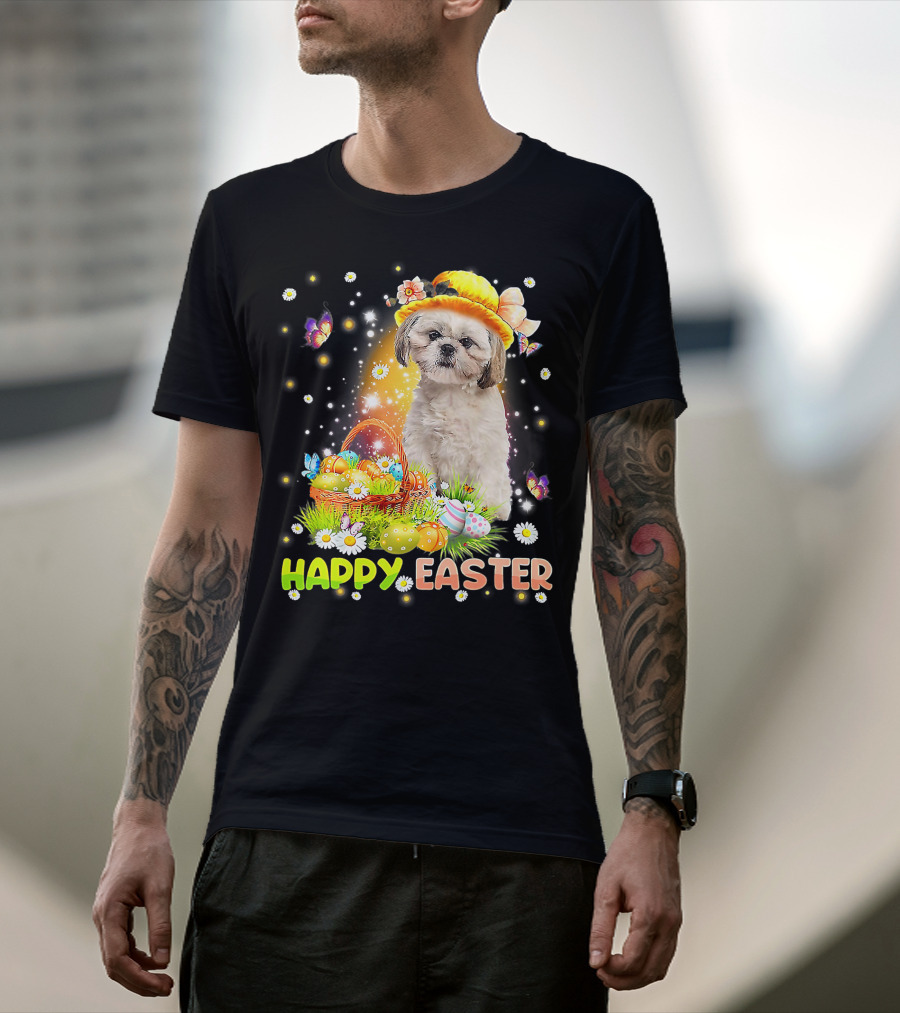 Happy Easter Cute Bunny Dog Shih Tzu With Eggs Basket And Butterflies T-Shirt