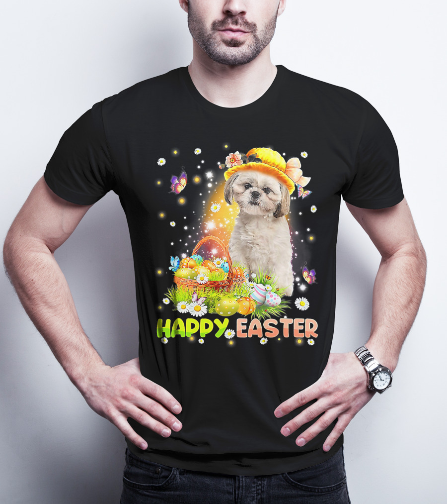 Happy Easter Cute Bunny Dog Shih Tzu With Eggs Basket And Butterflies T-Shirt