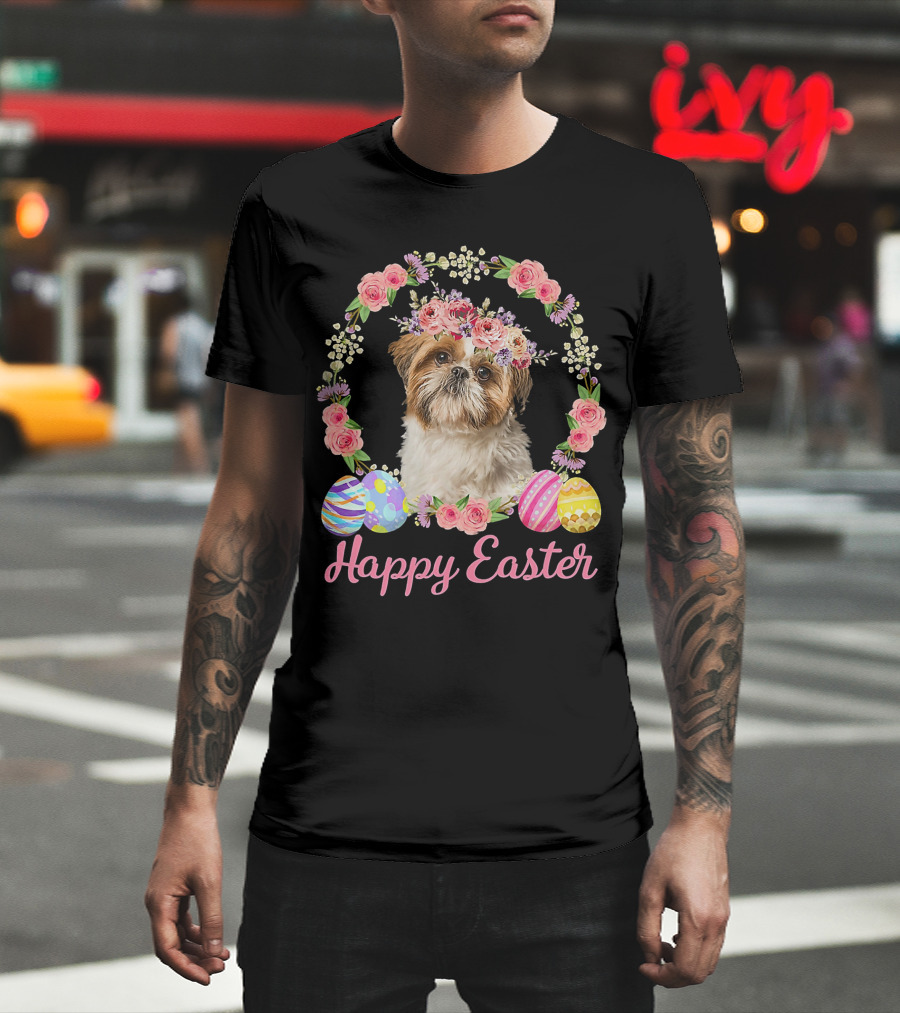 Happy Easter Shih Tzu Dog Flower Wreath With Decorative Eggs T-Shirt