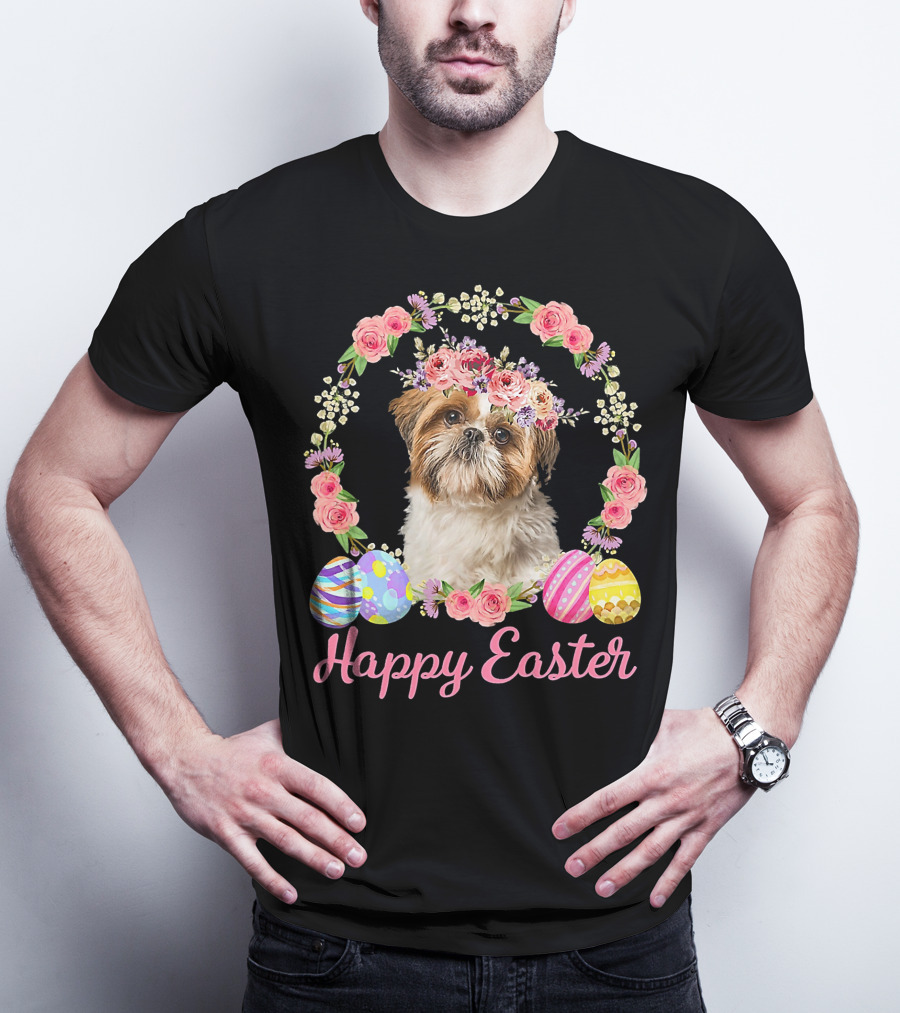 Happy Easter Shih Tzu Dog Flower Wreath With Decorative Eggs T-Shirt