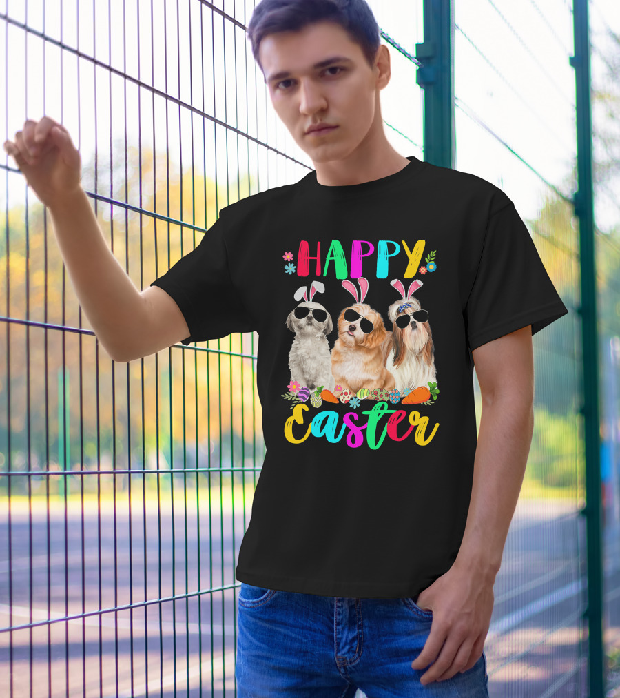 Happy Easter Three Shih Tzu Dogs With Bunny Ears And Sunglasses Eggs Carrots T-Shirt