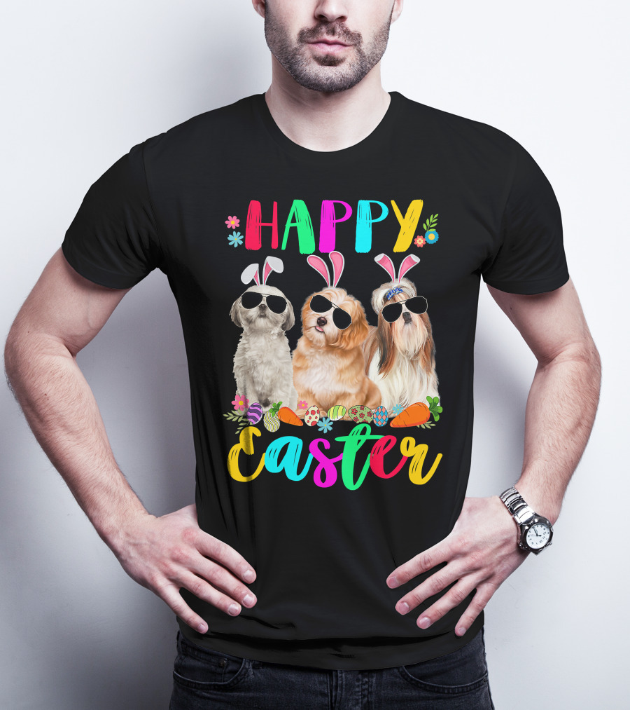 Happy Easter Three Shih Tzu Dogs With Bunny Ears And Sunglasses Eggs Carrots T-Shirt