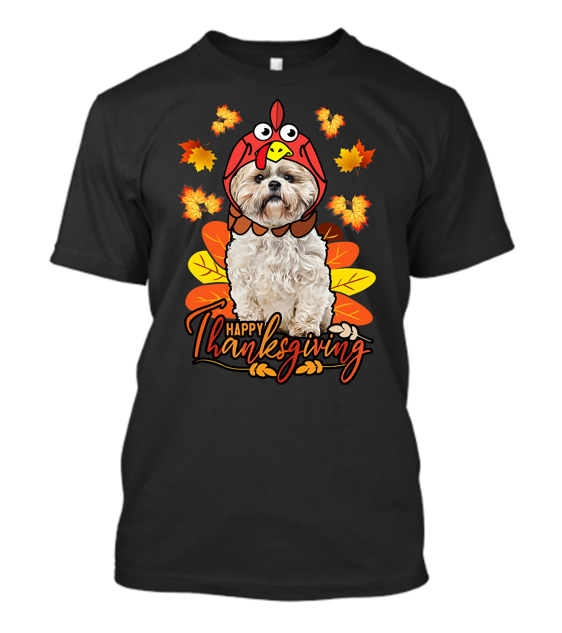 Happy Thanksgiving Shih Tzu Dog In Turkey Costume With Autumn Leaves T-Shirt
