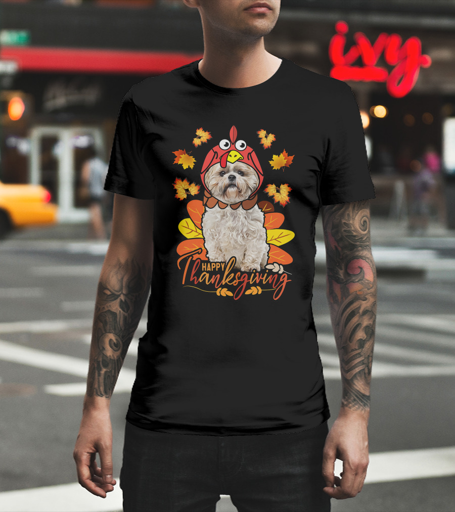 Happy Thanksgiving Shih Tzu Dog In Turkey Costume With Autumn Leaves T-Shirt