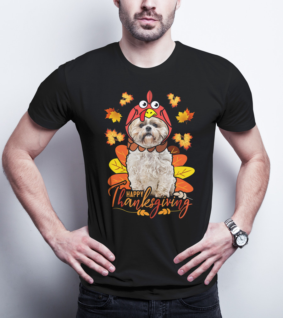 Happy Thanksgiving Shih Tzu Dog In Turkey Costume With Autumn Leaves T-Shirt