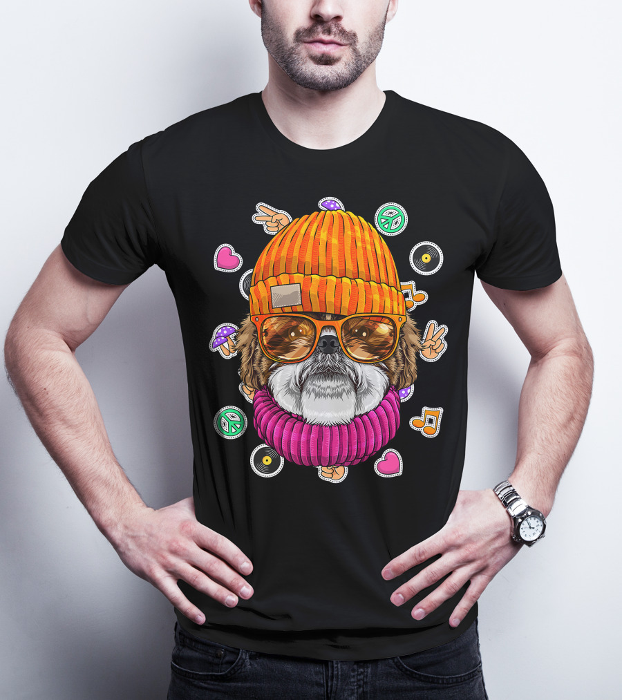 Hipster Shih Tzu With Glasses And Beanie Surrounded By Love Peace And Music Icons T-Shirt